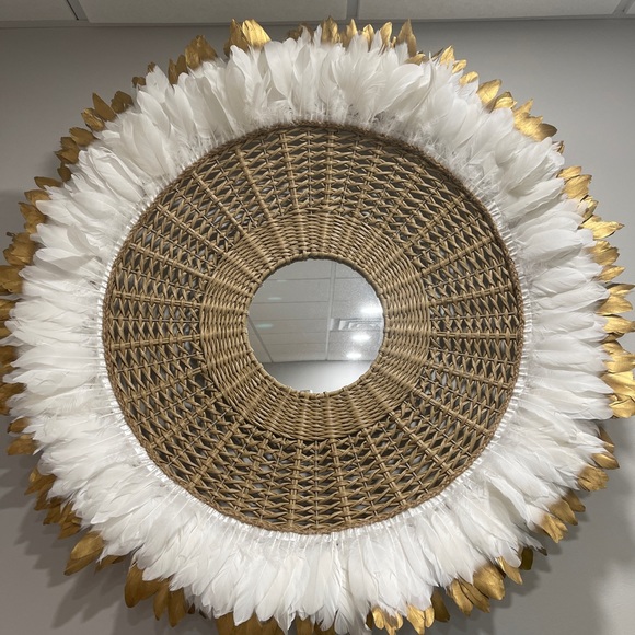 Art | Custom Ratan Mirror With Silver And Gold Tipped Rooster Feathers ...